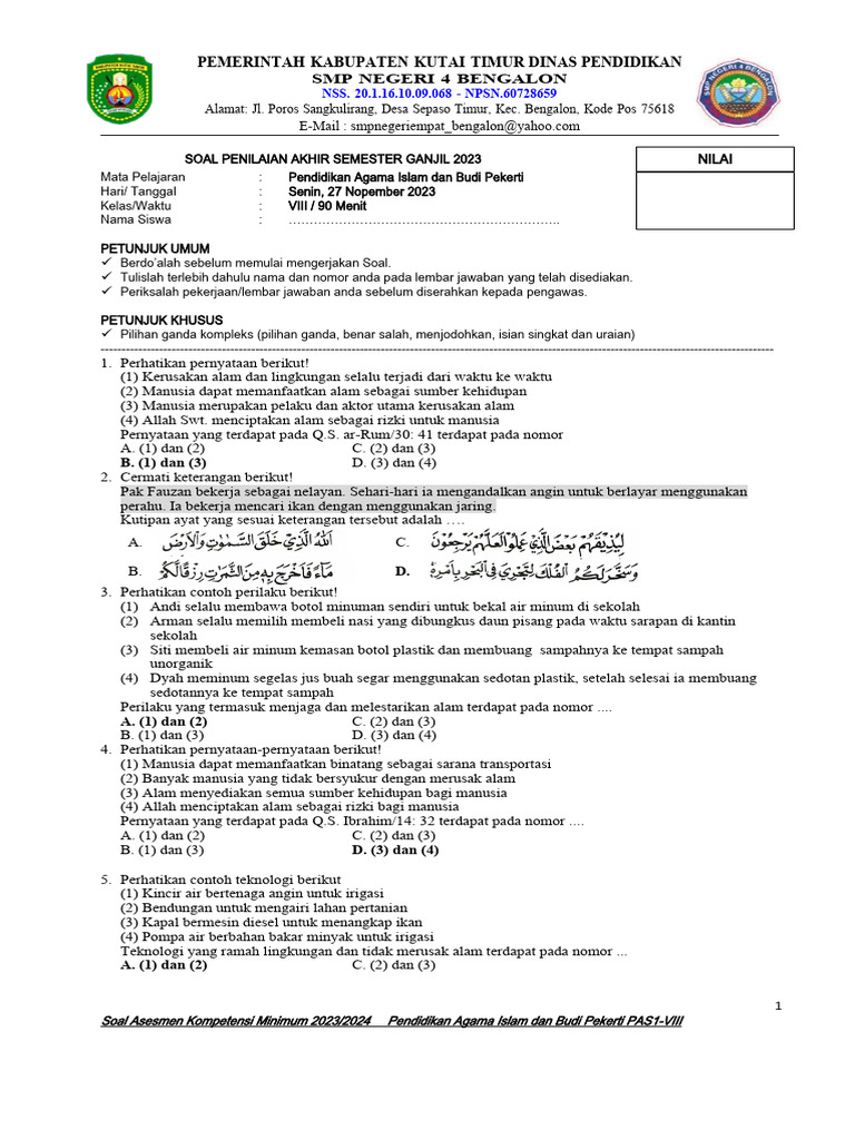 Soal AKM PAI - VIII - PAS1 - 2023 - Jawaban | PDF