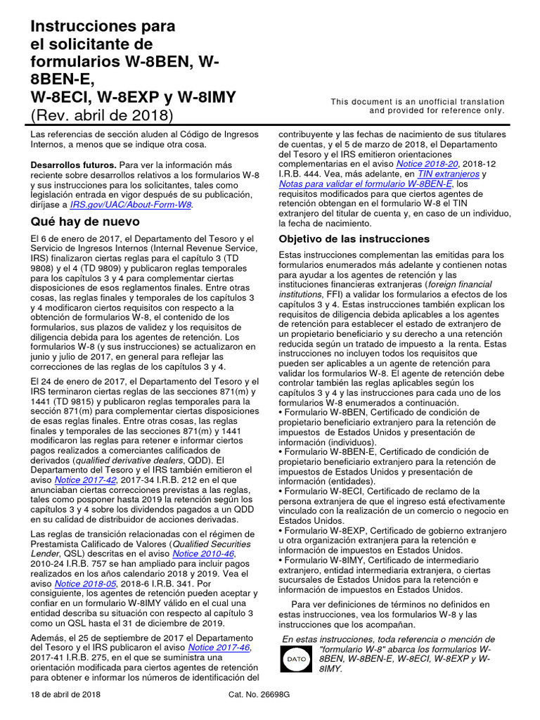Instrucciones para Formularios W-8 | PDF | Impuestos | Impuesto sobre la renta