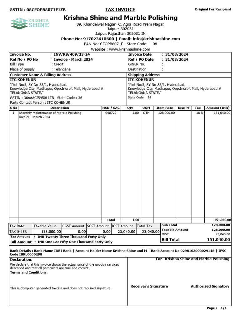 Ks 409 - Itc Kohenur Mar-24 | PDF | Invoice | Taxes