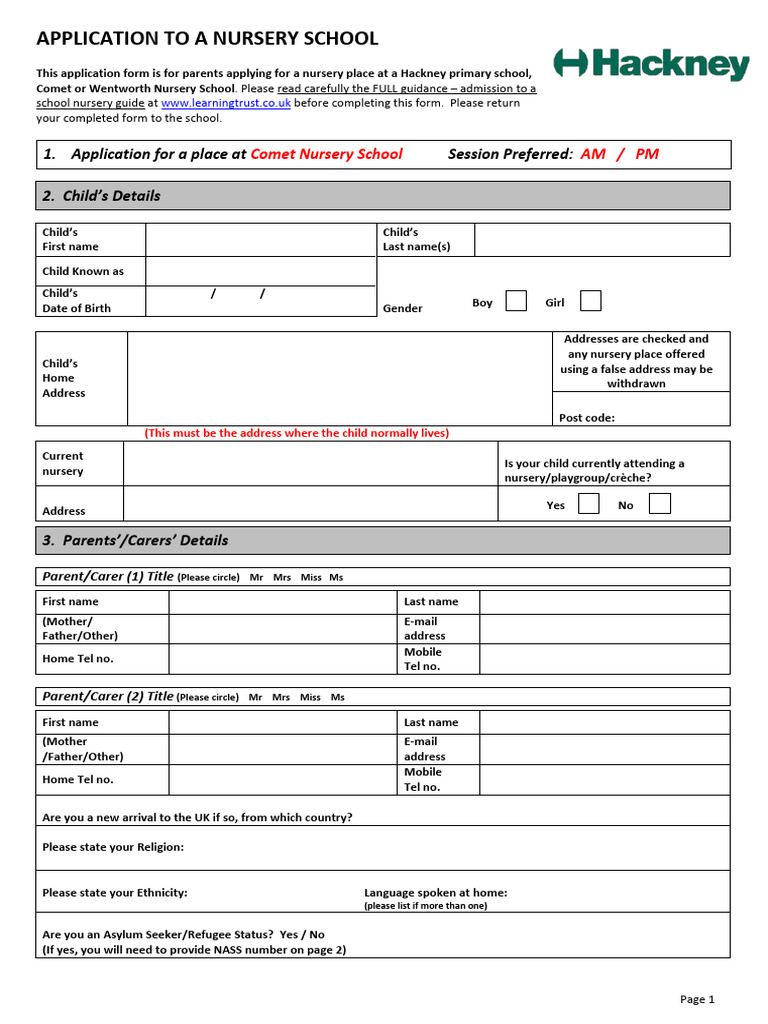Nursery Application Form | PDF | Schools | Preschool
