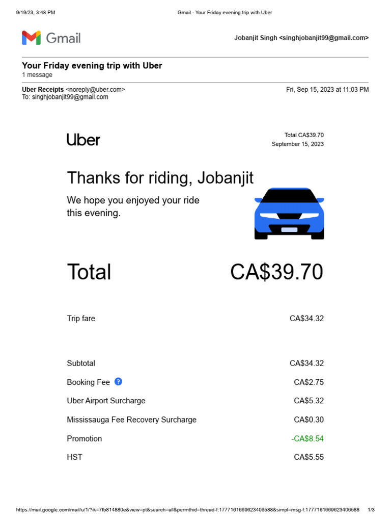 Gmail - Your Friday Evening Trip With Uber | PDF | Fee | Service Industries