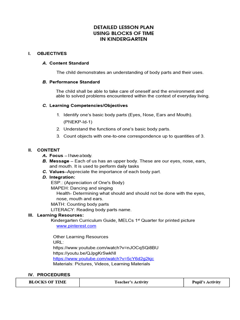 Kindergarten Lesson Plan: Body Parts | PDF | Lesson Plan | Learning