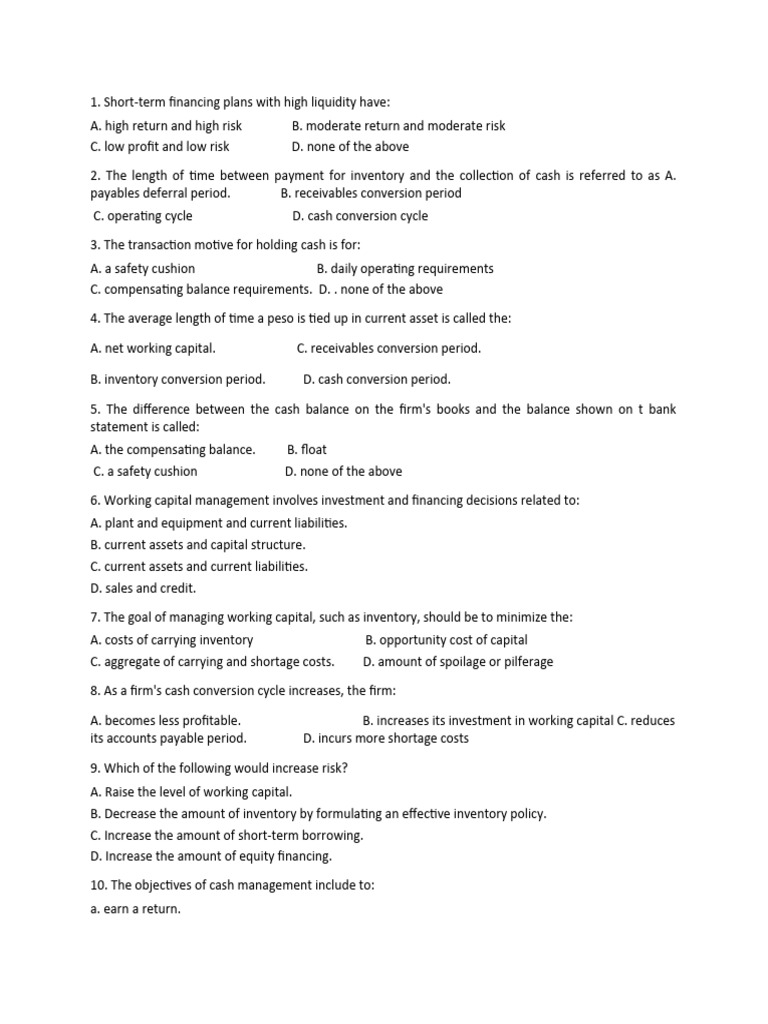 Working Capital and Cash Management Quiz | PDF | Working Capital | Cash