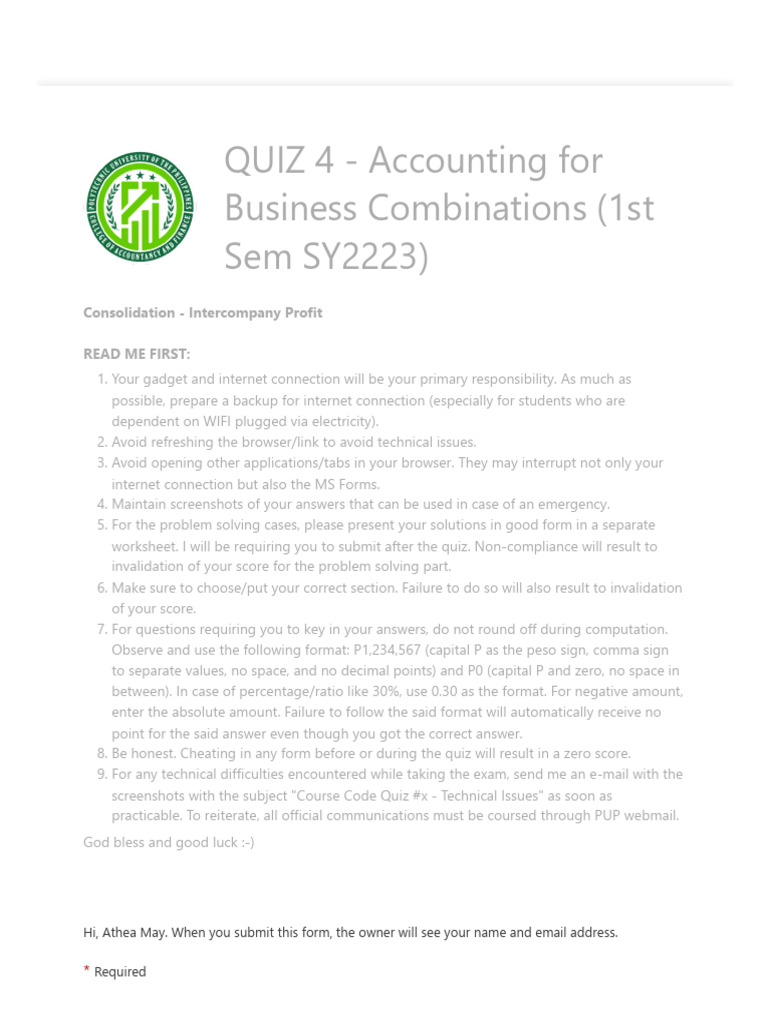 QUIZ 4 Accounting For Business Combinations 1st Sem SY2223 PDF | PDF ...
