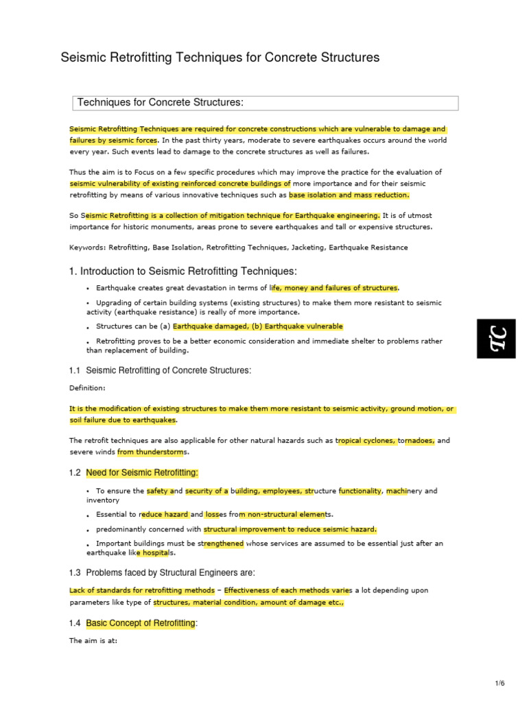Seismic Retrofitting Techniques For Concrete Structures | PDF | Earthquake Engineering | Concrete
