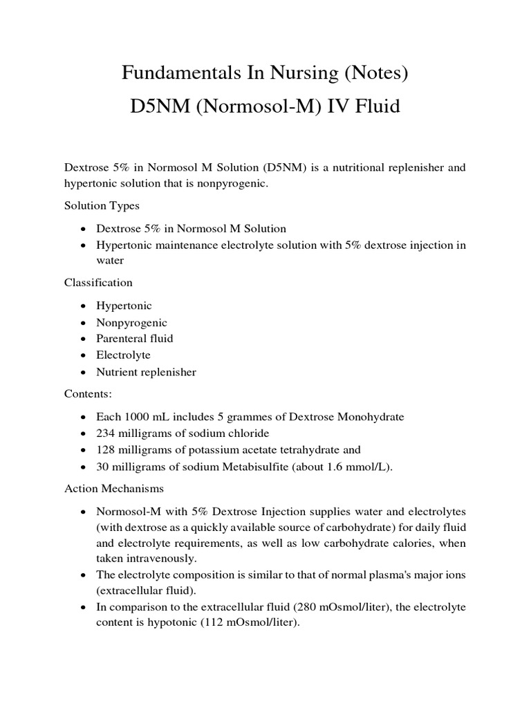 Fundamentals in Nursing (Notes) D5NM (Normosol-M) IV Fluid | Download ...