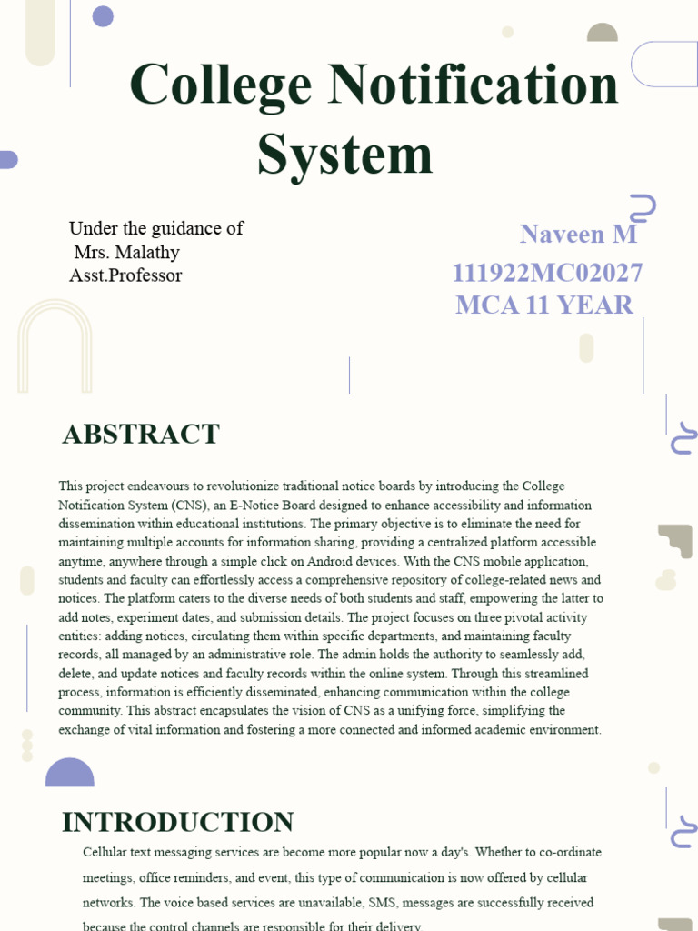 College Notification System: Naveen M 111922MC02027 Mca 11 Year | PDF ...