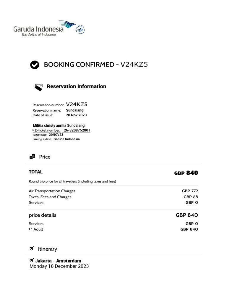 Garuda Indonesia Flight Booking V24KZ5 | PDF | Airlines | Transport