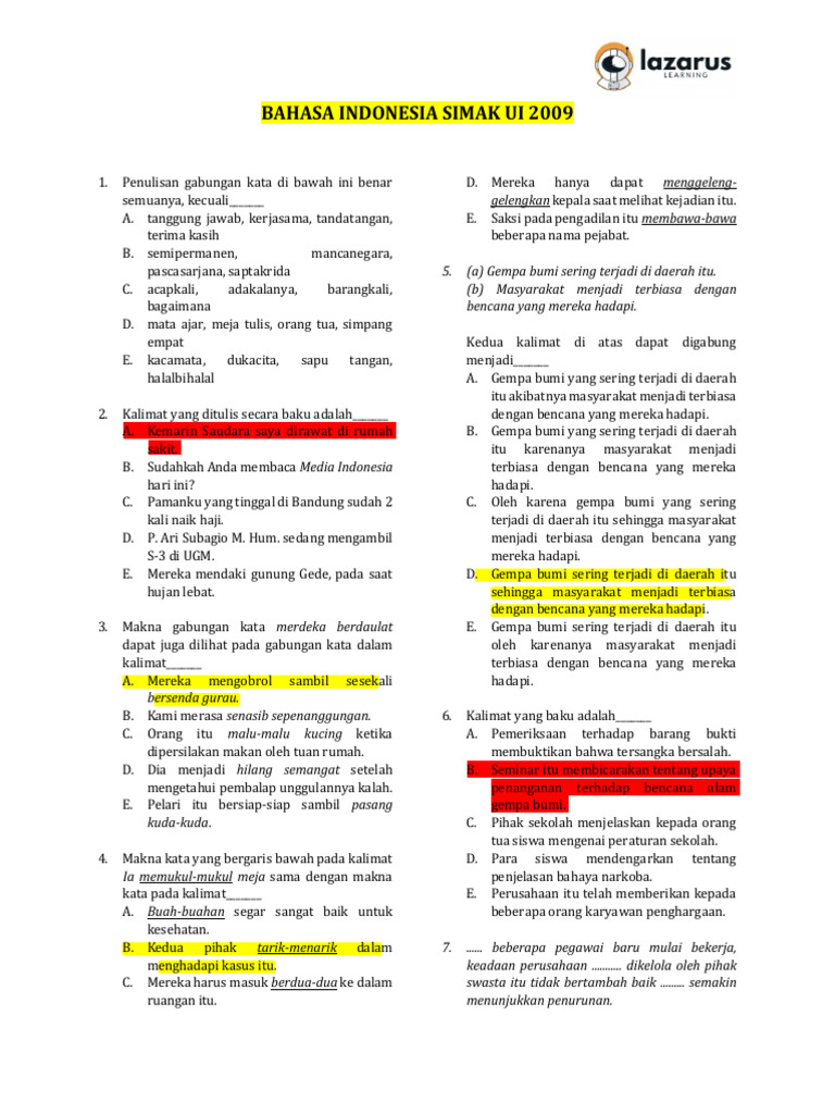 Soal Bahasa Indonesia SIMAK UI 2009 | PDF