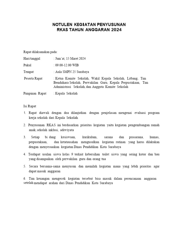 Notulen Kegiatan Penyusunan Rkas Tahun Anggaran 2024 | PDF