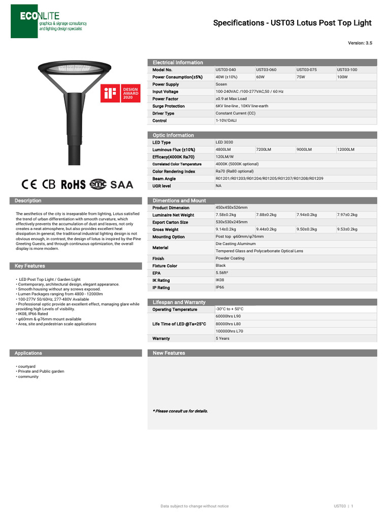 UST03 Lotus Post Top Light Specs | PDF | Lighting | Electrical Engineering