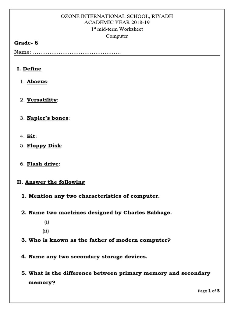 Grade 5 Computer Worksheet Exam | PDF | Computer Data Storage ...