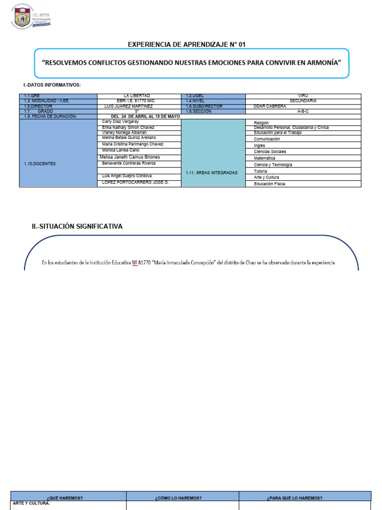 1.-EXPERIENCIA DE APRENDIZAJE N° 01 -2022 5° A,B,C.docx-2 (1) | PDF | Las emociones | Oración