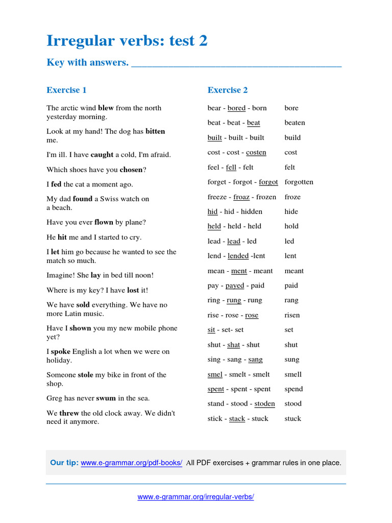 Irregular Verbs Key Test 2 | PDF