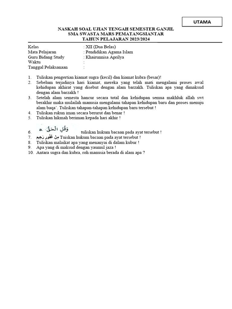 Naskah Soal Ujian Tengah Semester Ganjil | PDF