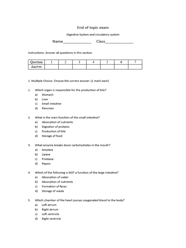 Unit Test-Digestive System and Circulatory System | Download Free PDF ...