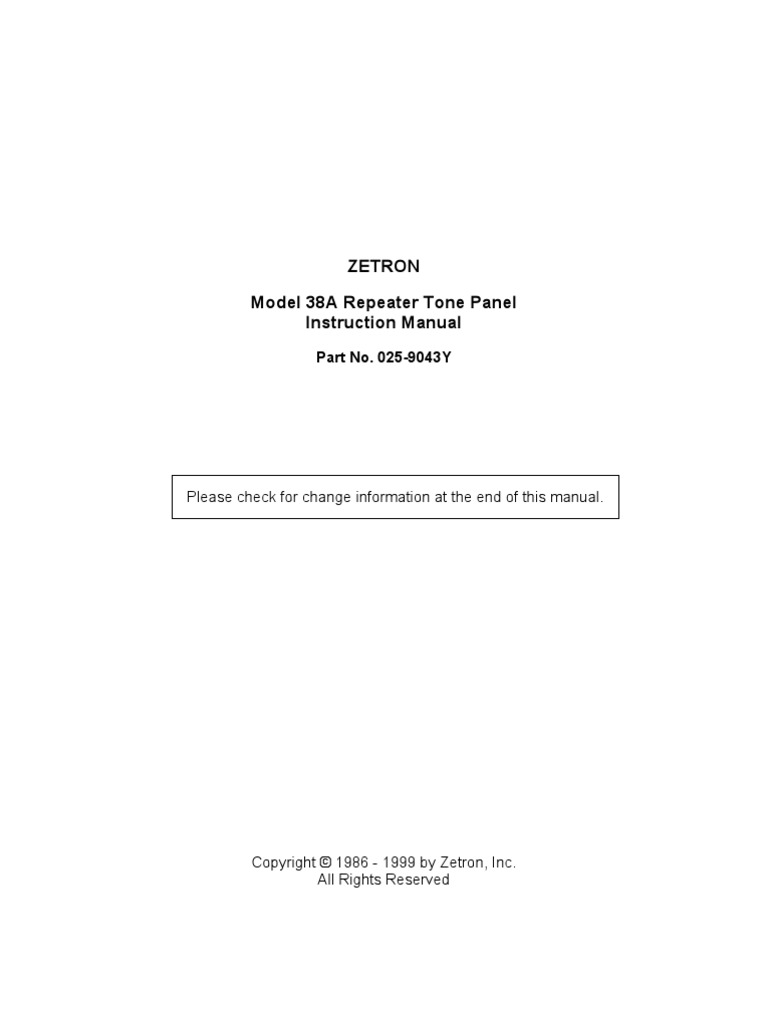 Zetron Model 38a Repeater Tone Panel Instruction Manual | PDF | Command ...