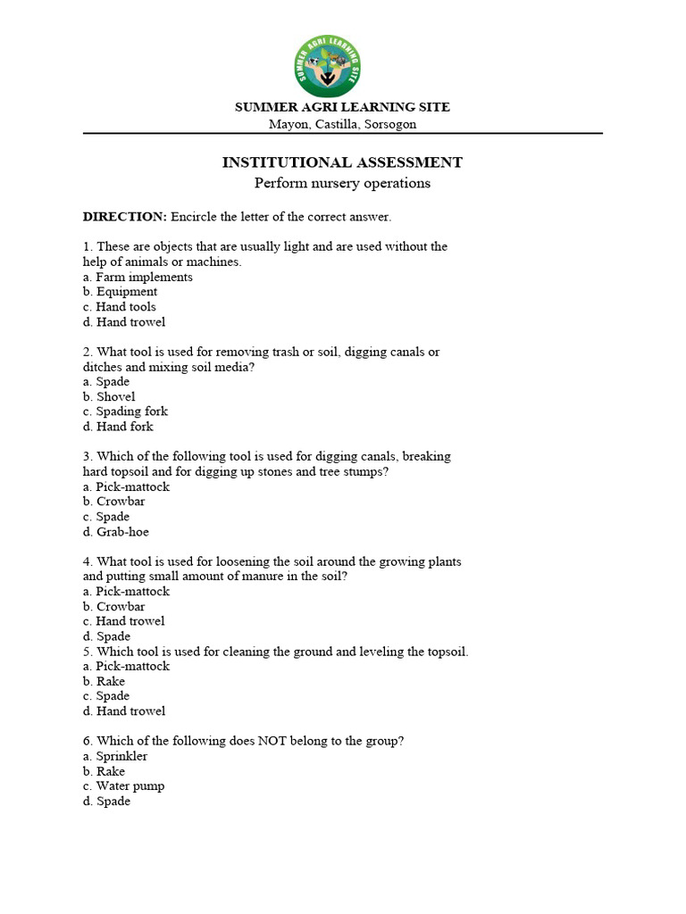Institutional Assessment_Perform Nursery Operation ACP NC II | PDF