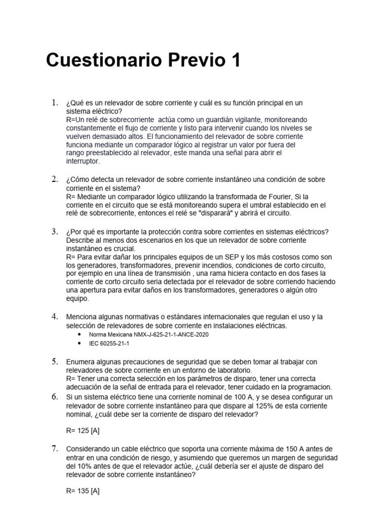 Cuestionario-previo 1 protecciones | PDF | Relé | Transformador