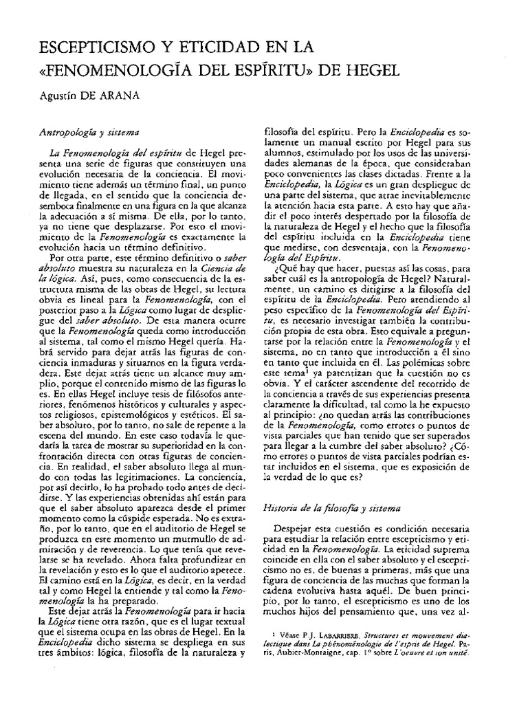 Fenomenologia: Escepticismo Y Eticidad en La Del Espíritu de Hegel | PDF