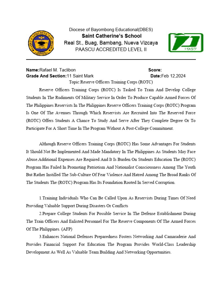 Position Paper ROTC Reserve Officers Training Corps | PDF | Reserve ...