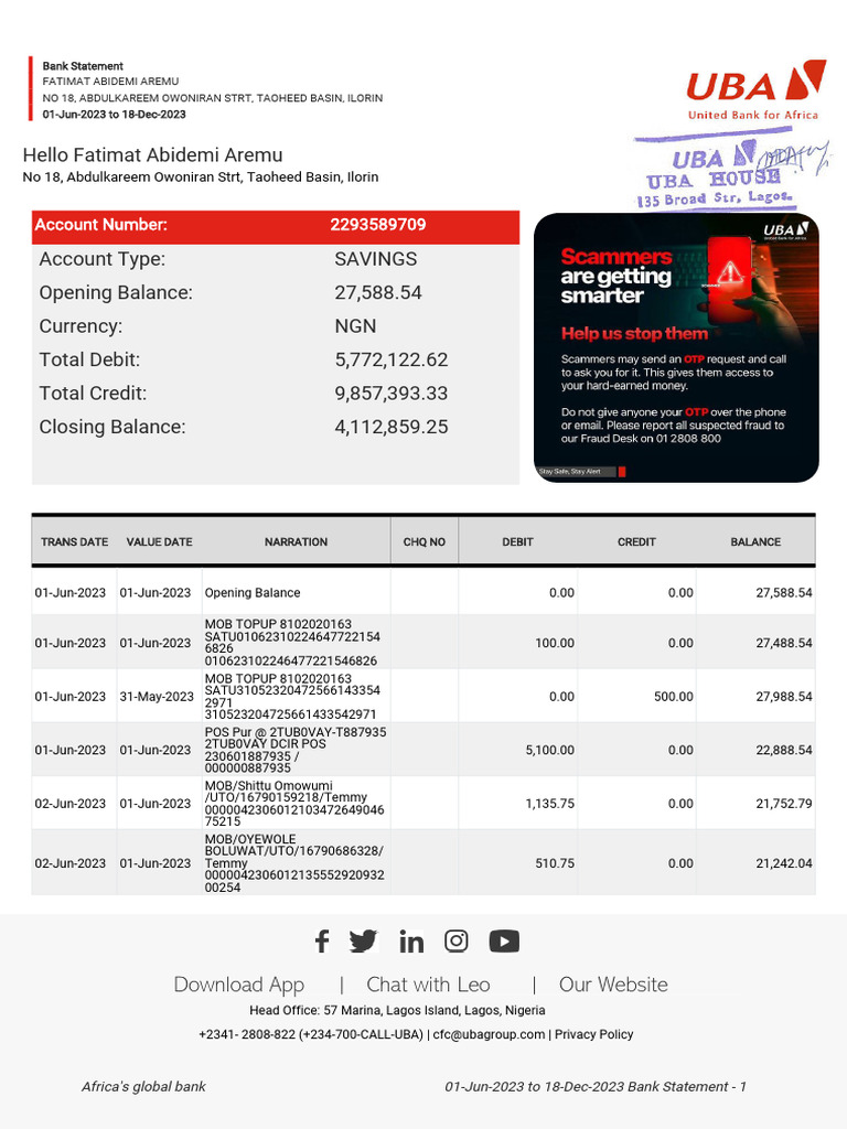 UBA Bank Statement: June-Dec 2023 | PDF | Debits And Credits | Banks