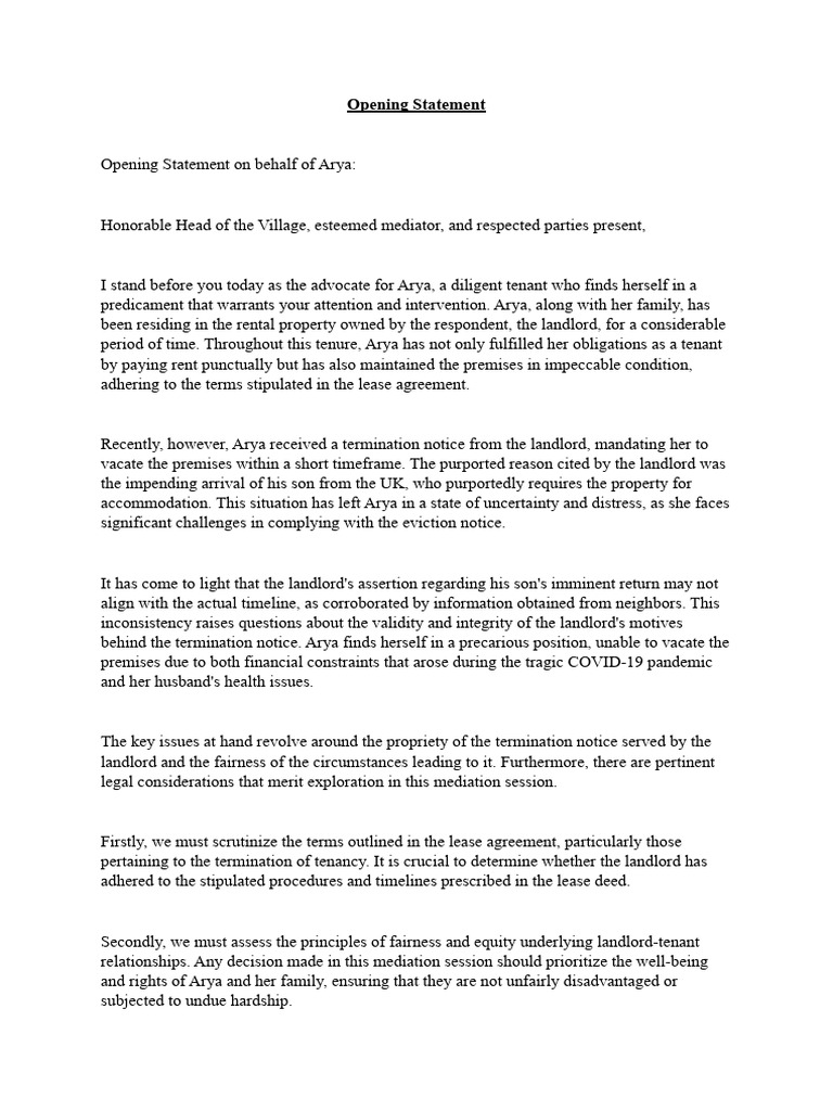 Opening Statement (Mediation) | PDF | Leasehold Estate | Landlord