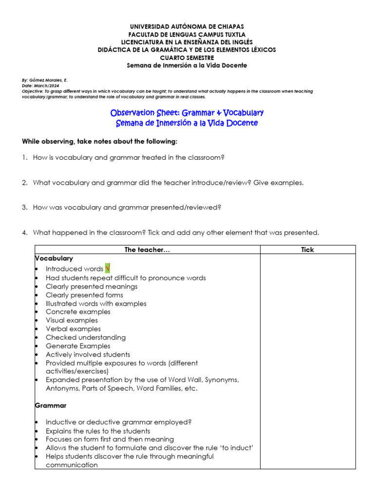 Observation Sheet GRAMMAR VOCABULARY | PDF | Grammar | Vocabulary