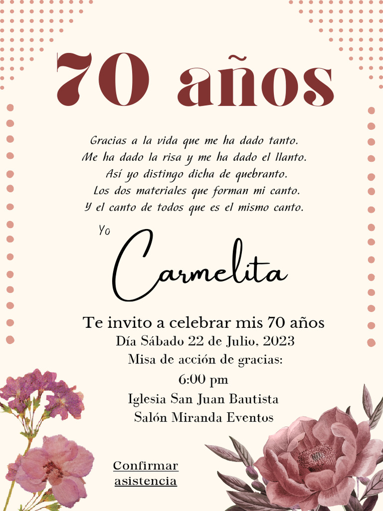 Invitación a mis 70 años en español | PDF
