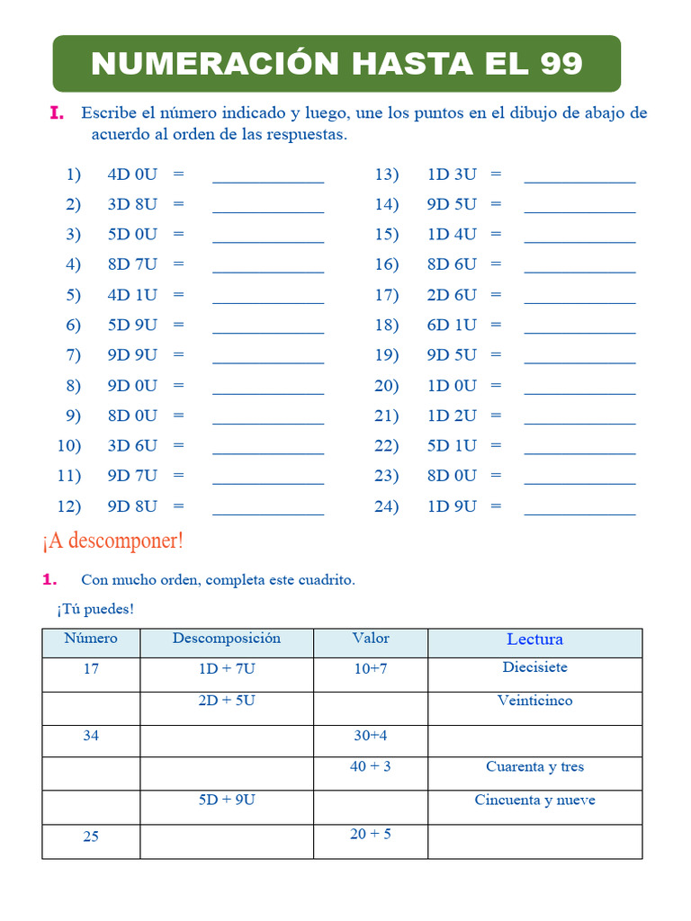Actividades de Numeración hasta 99 | PDF | Métodos y materiales de ...