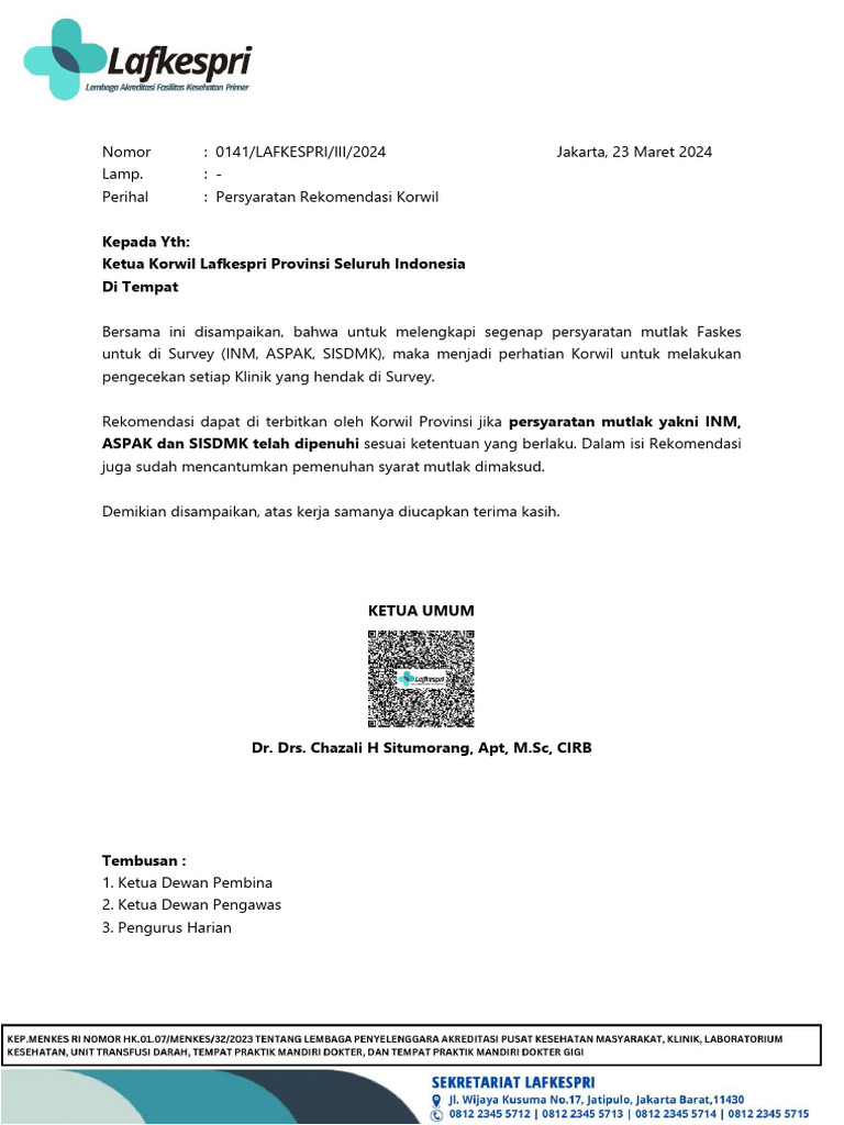 0141 Surat Untuk Persyaratan Rekomendasi Korwil | PDF