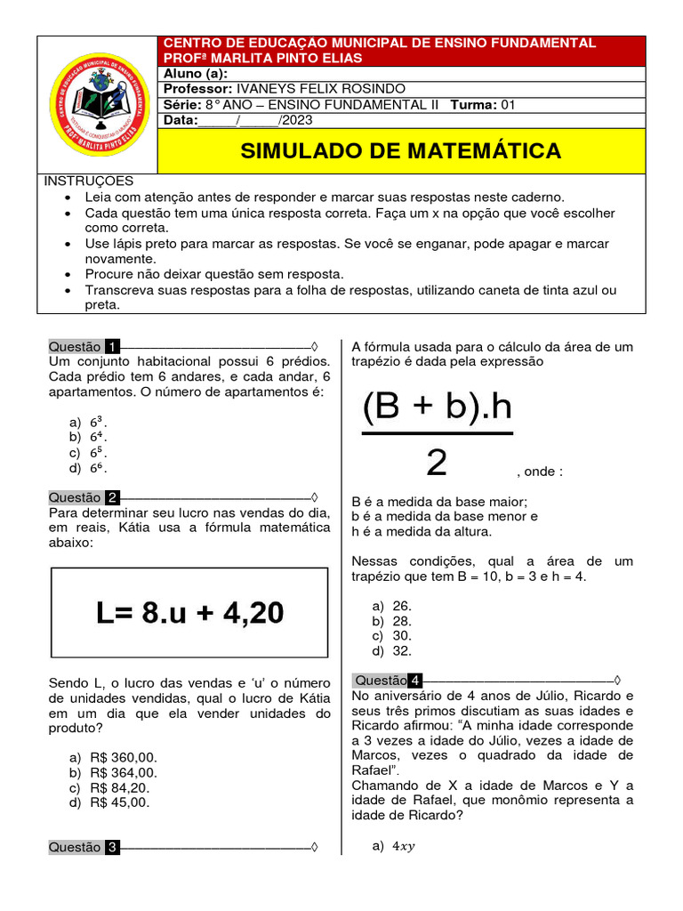 Simulado 8° Ano Matemática | PDF