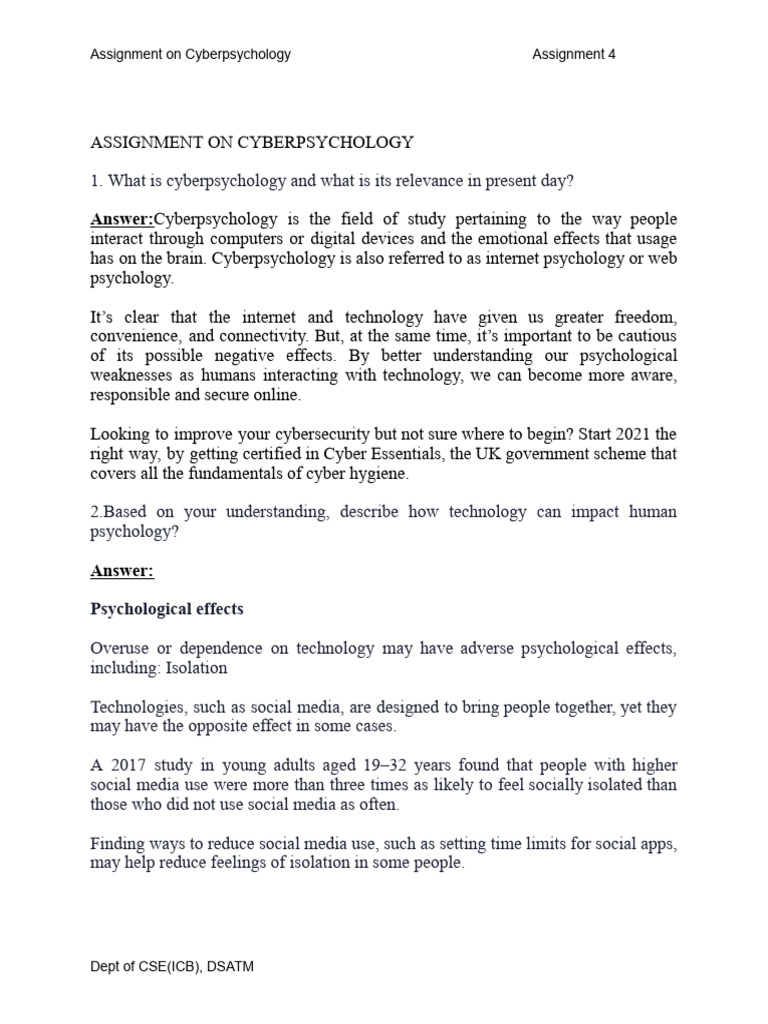 Assignment On Cyberpsychology | PDF | Anxiety | Eating Disorder