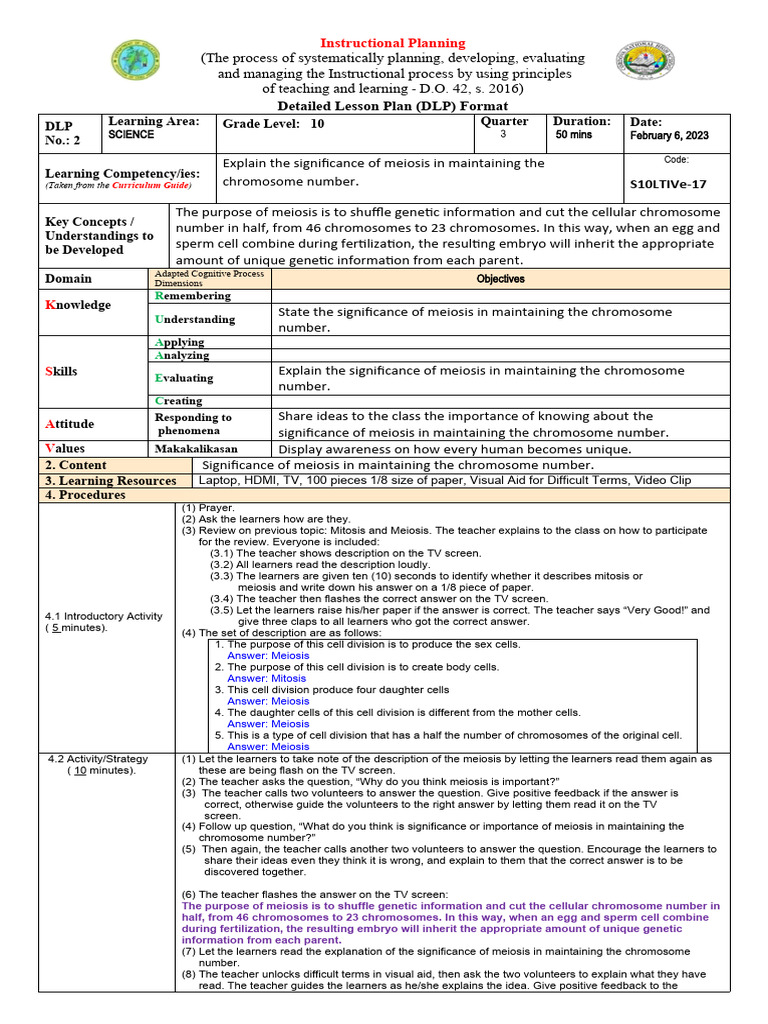Meiosis Lesson Plan for Grade 10 Science | PDF | Career & Growth ...