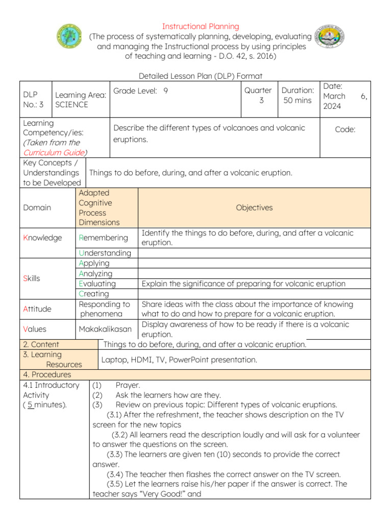 Detailed Lesson Plan (THINGS TO DO BEFORE, DURING, AFTER A VOLCANIC ...