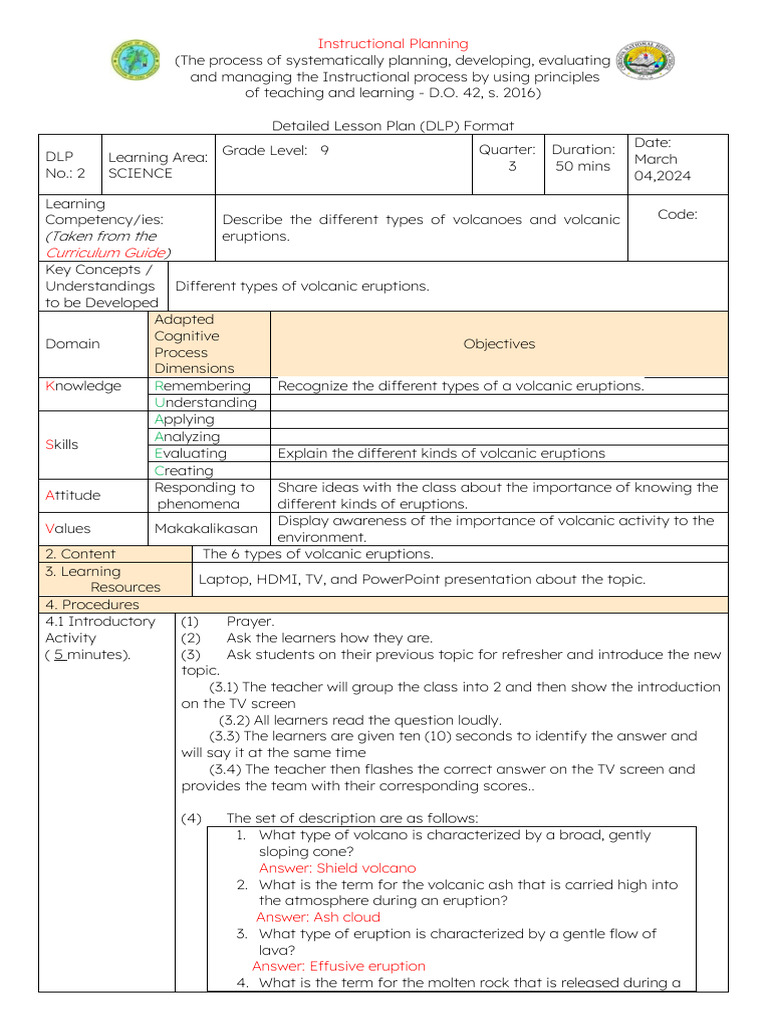 Detailed Lesson Plan (DIFFERENT TYPES OF VOLCANIC ERUPTION) | PDF ...