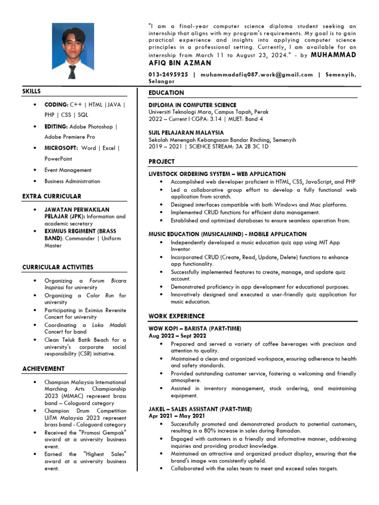 Resume - Afiq Azman (UiTM Tapah) | PDF | Web Application | Application Software