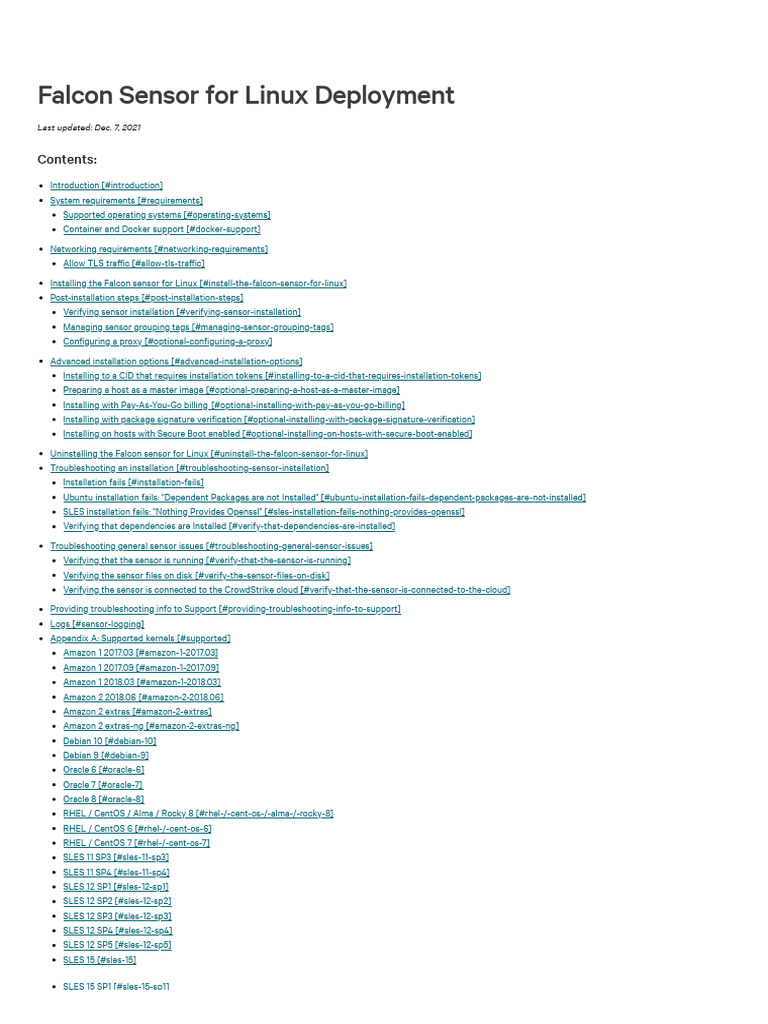 Falcon Sensor For Linux Deployment - Documentation - Support - Falcon | PDF | Linux | Software