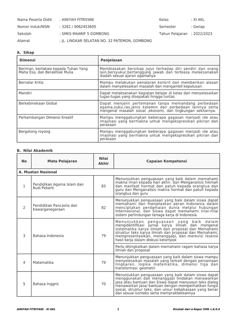Rapor Ainiyah Fitriyani - Xi Akl | PDF | Karier & Perkembangan