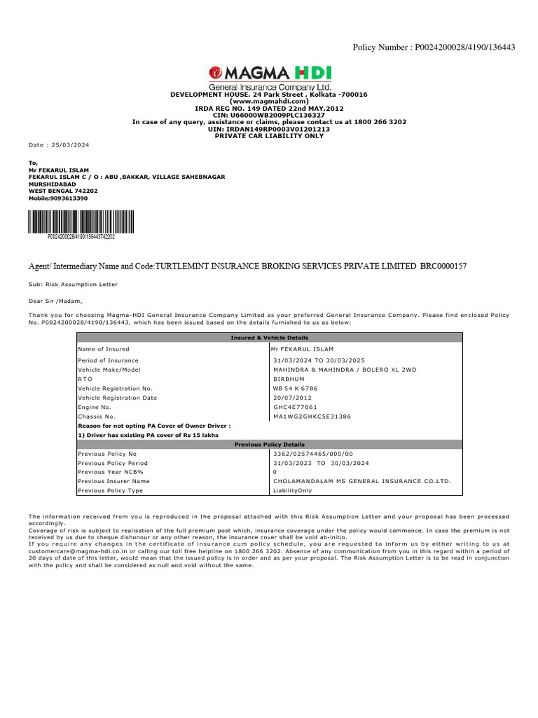 Agent/ Intermediary Name and Code:TURTLEMINT INSURANCE BROKING SERVICES PRIVATE LIMITED ...