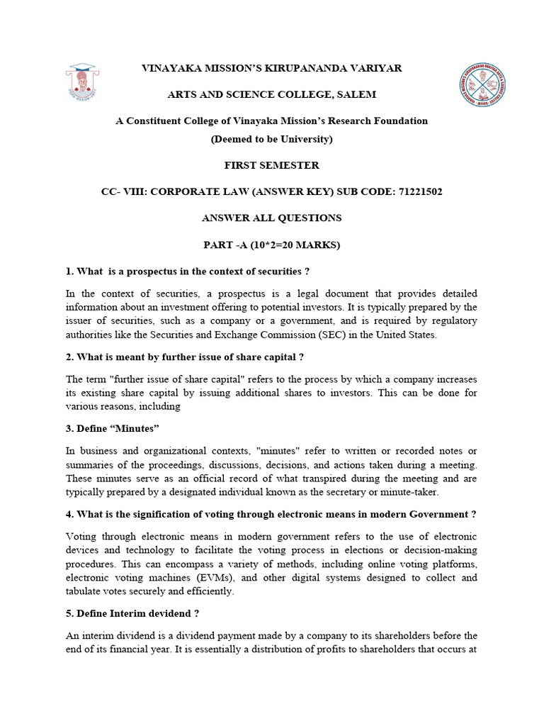 Corporate Law Answer Key | PDF | Share Repurchase | Dividend