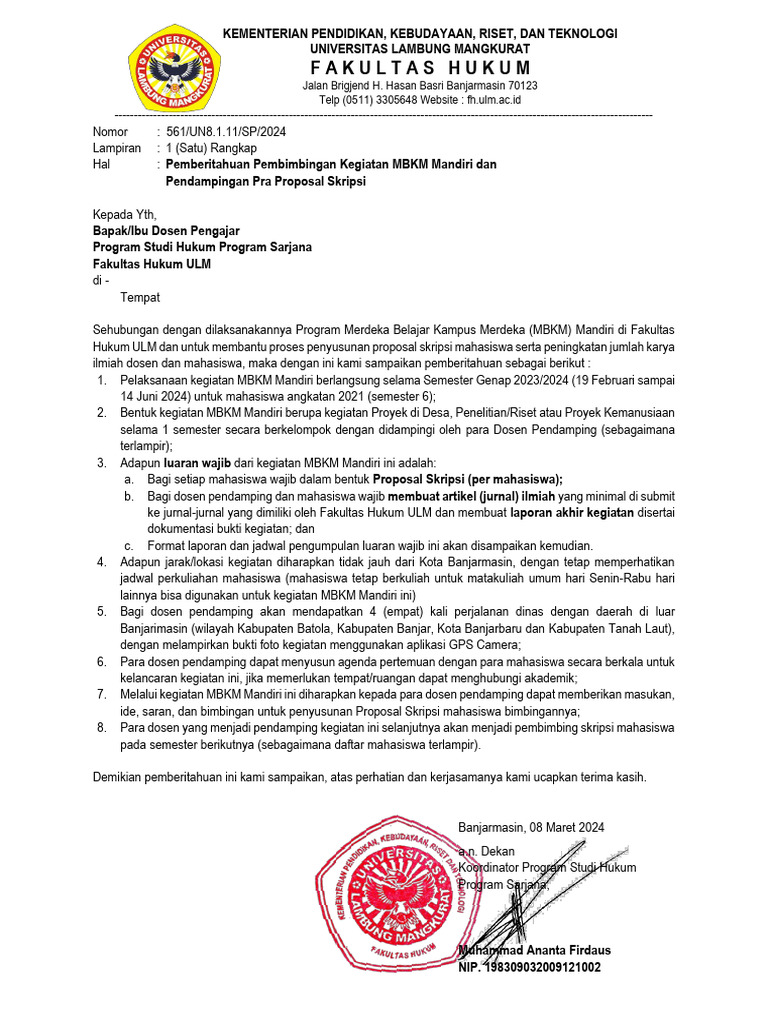 Surat Pemberitahuan MBKM Dan Pra Proposal | PDF