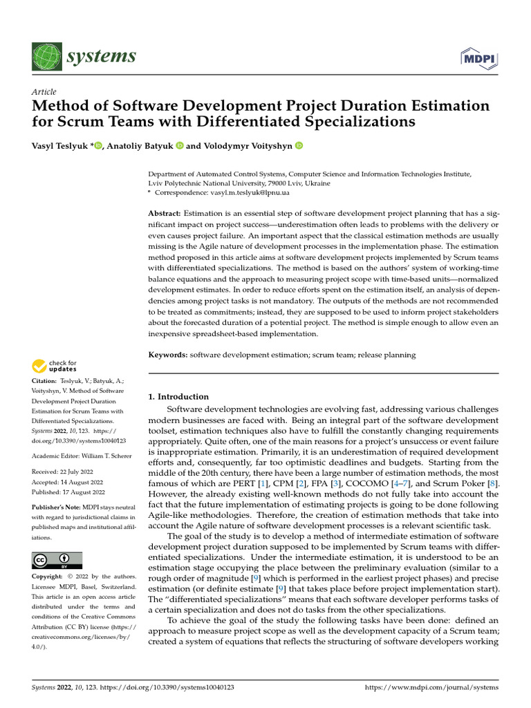 Method of Software Development Project Duration Estimation | Download Free PDF | Agile Software ...