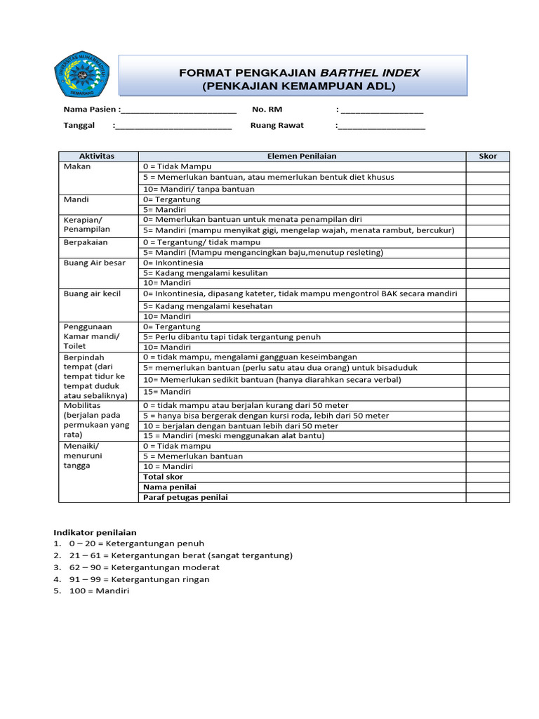 Form Pengkajian Barthel Index | PDF