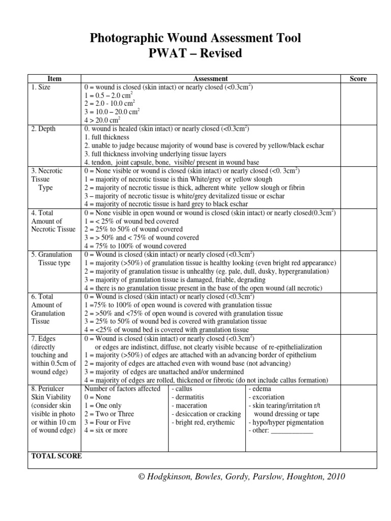 PWAT (Panographic Wound Assesment Tool) Revised | PDF | Wound | Edema