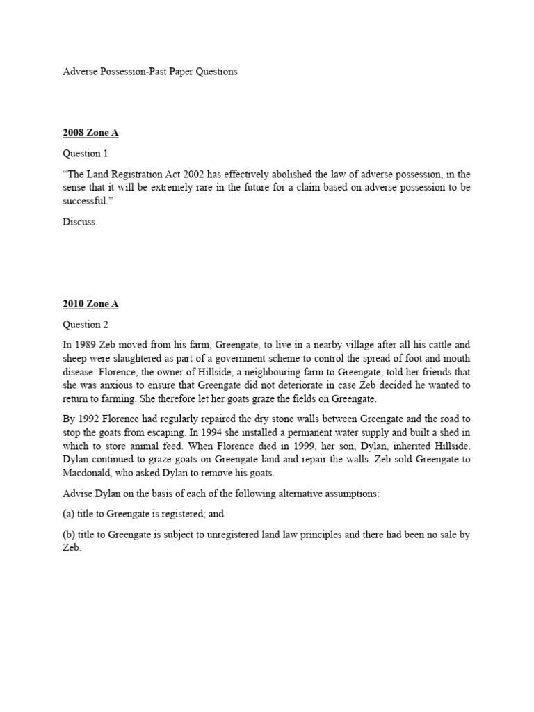 Adverse Possession Past Paper Question List | Download Free PDF ...