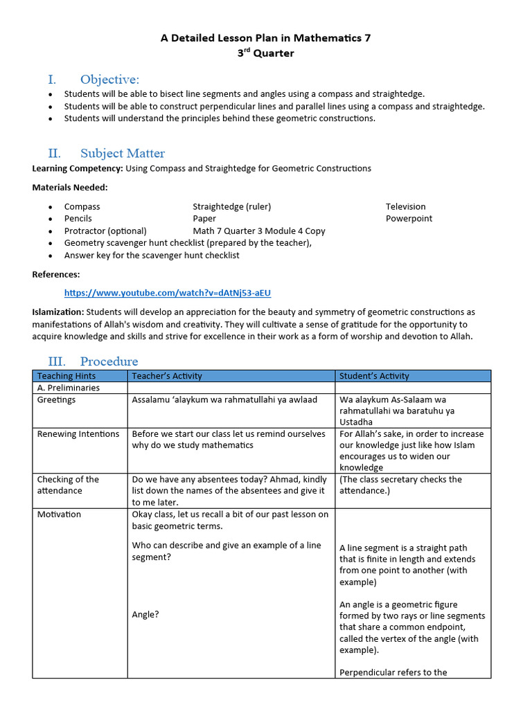 Geometry Lesson Plan for Grade 7 | PDF | Circle | Line (Geometry)
