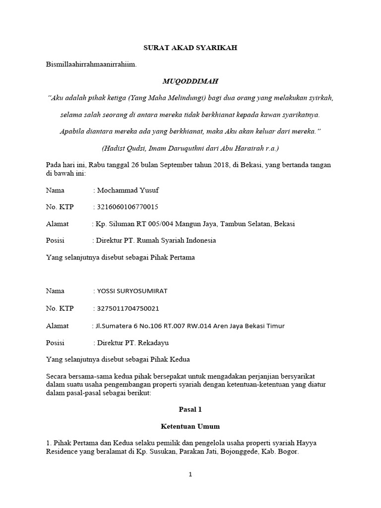 Surat Akad Syarikah Properti Syariah | PDF