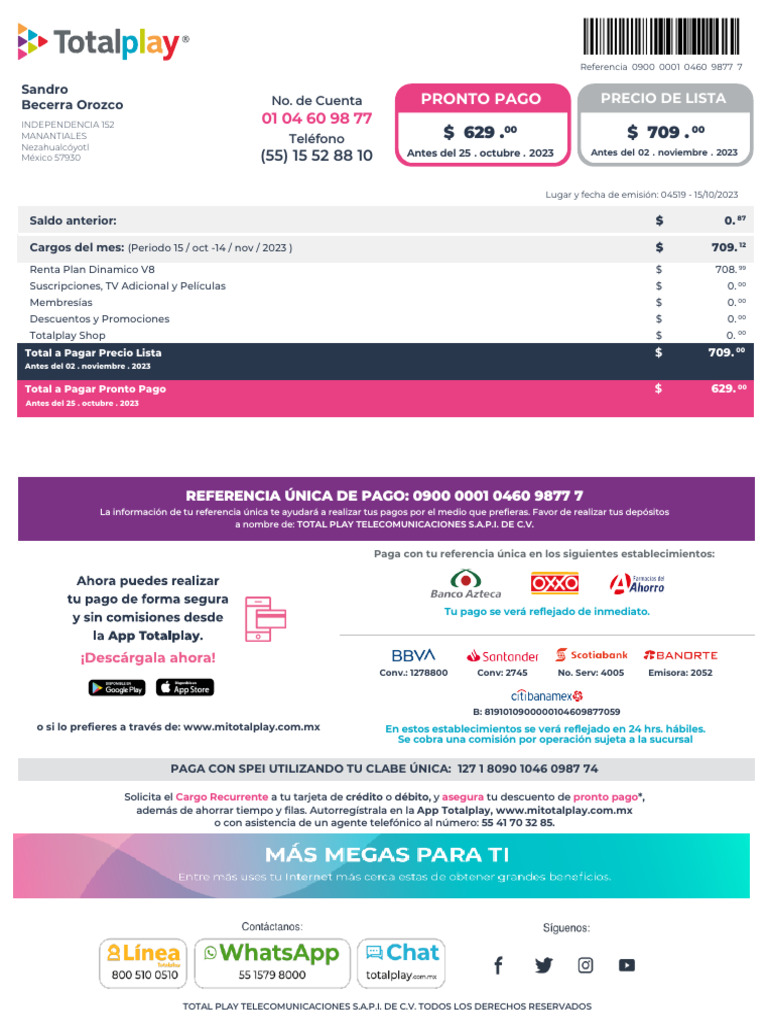 Recibo Total Play | Descargar gratis PDF | Finanzas personales ...