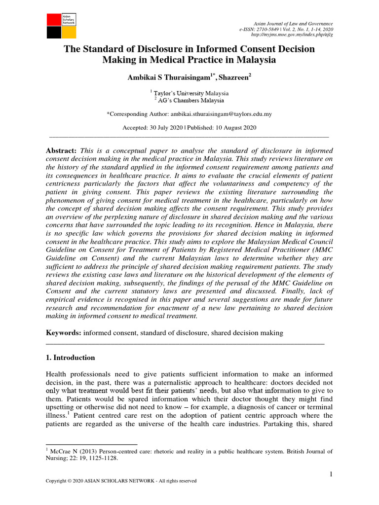 The Standard of Disclosure in Informed Consent Decision DR Ambi | PDF | Informed Consent | Autonomy